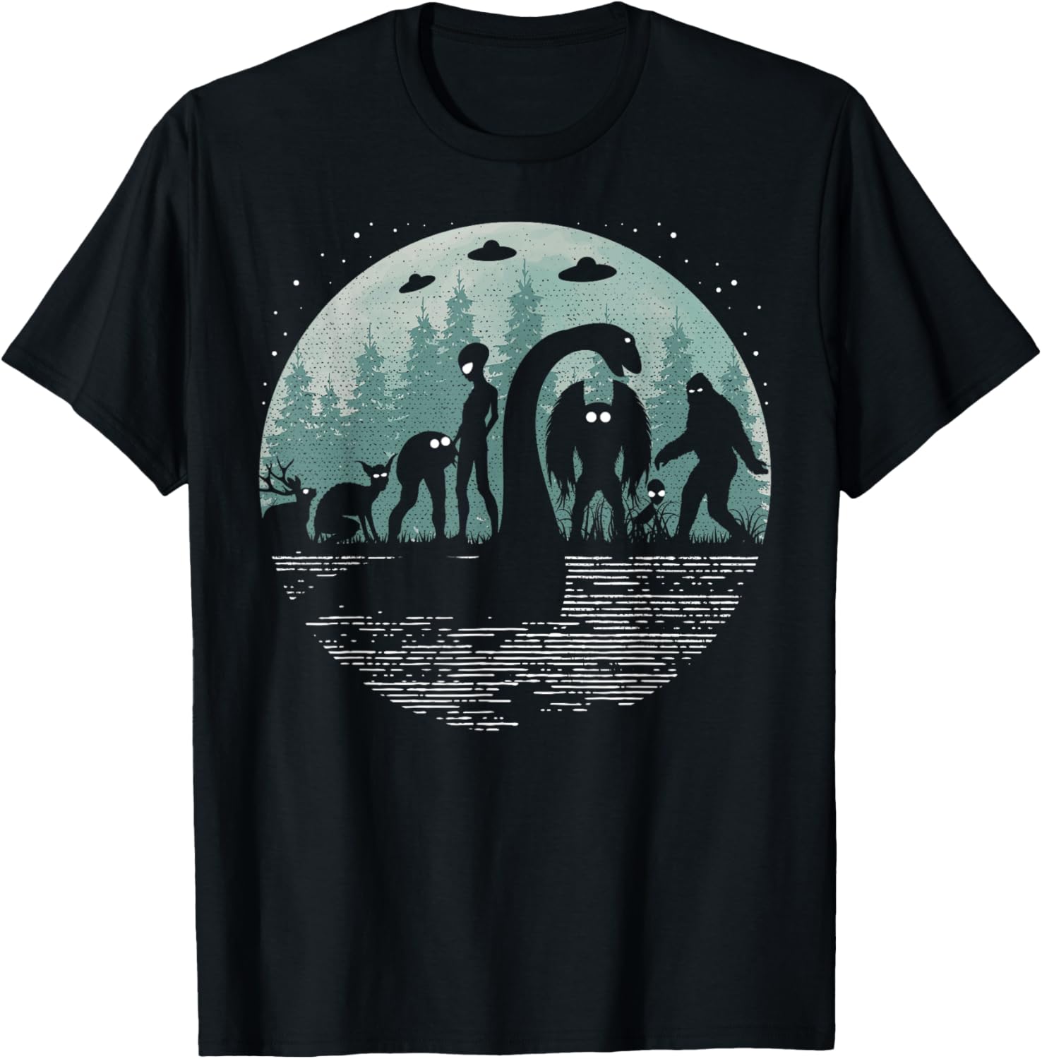 Amazon.com: Bigfoot Loch Ness Monster With Mothman Aliens! Funny Cryptid T-Shirt : Clothing ...